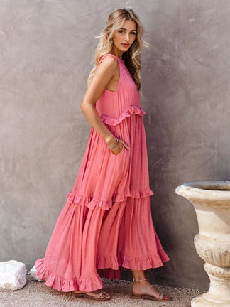Ruffled Sleeveless Tiered Maxi Dress with Pockets – Style Cove